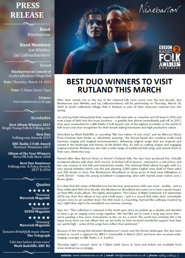 ”Ninebarrow” ~ award-winning duo perform at South Luffenham Village ...